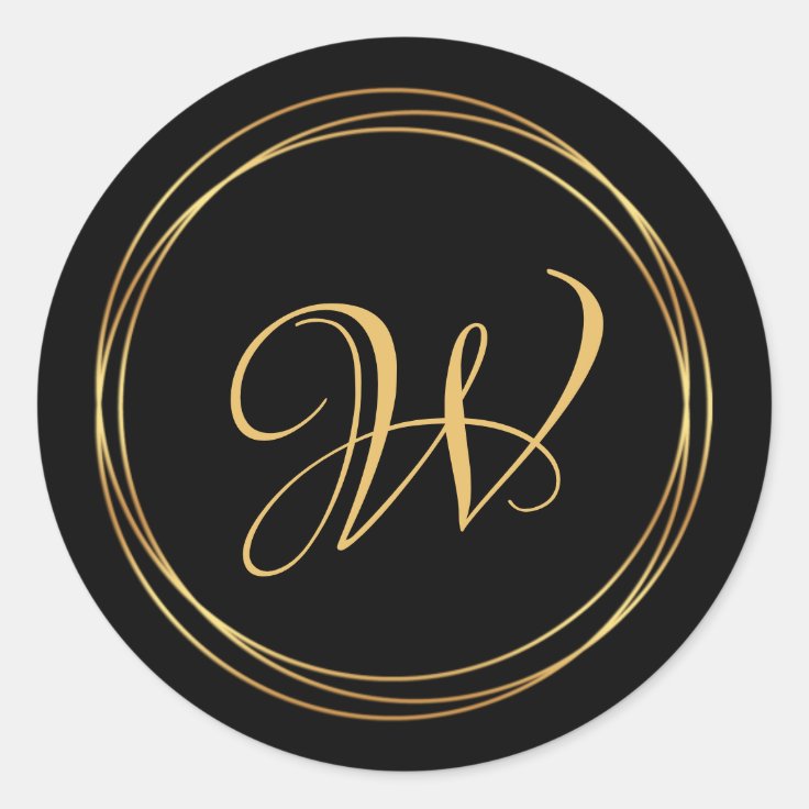 Modern golden circle on black monogram logo classic round sticker | Zazzle