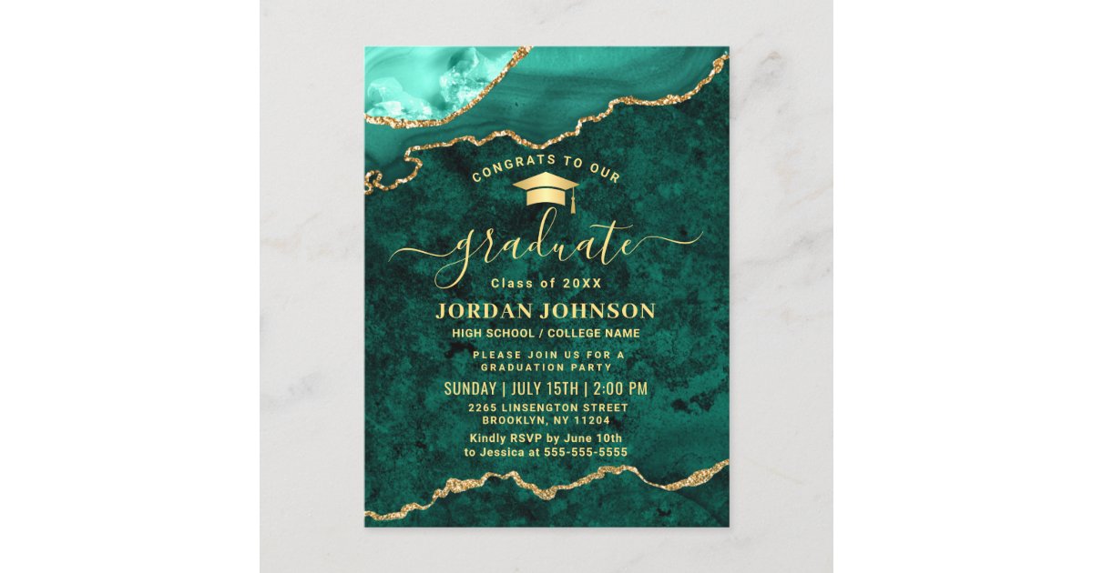 Modern Golden Green Graduation Party Invitation Postcard | Zazzle