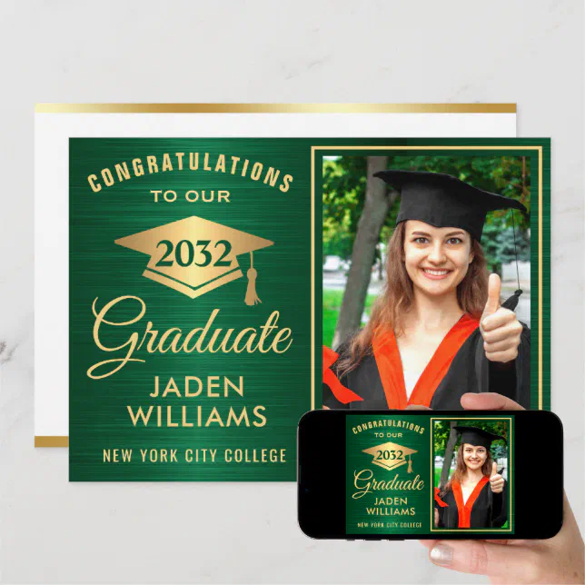 Modern Golden Green PHOTO Graduation Invitation | Zazzle