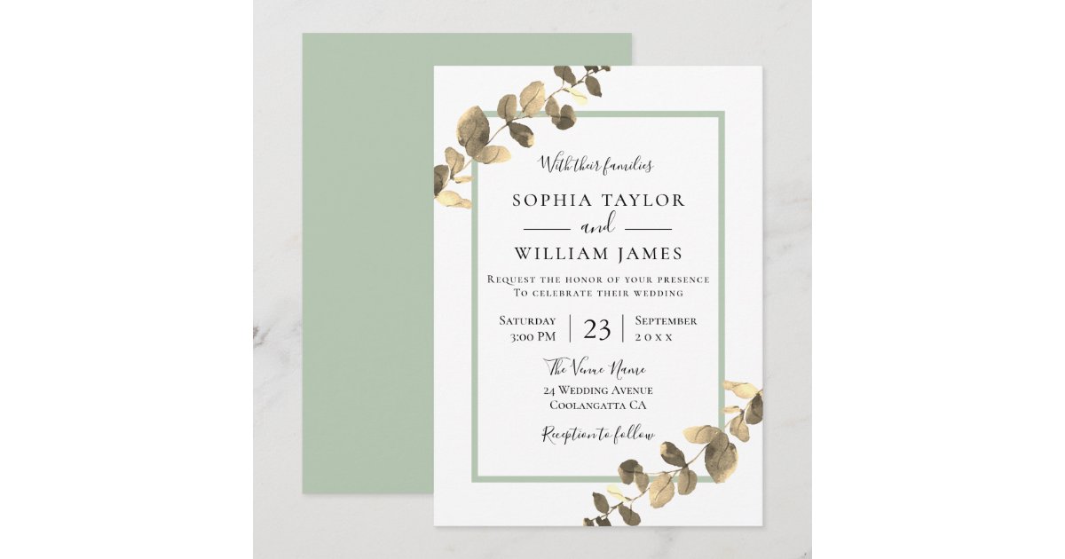 Modern Golden Leaves Greenery Border Wedding Invitation | Zazzle