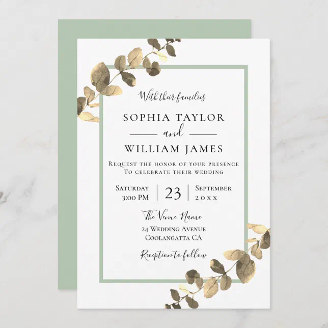 Modern Golden Leaves Greenery Border Wedding Invitation | Zazzle