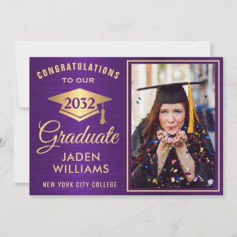 Modern Golden Purple PHOTO Graduation Invitation | Zazzle