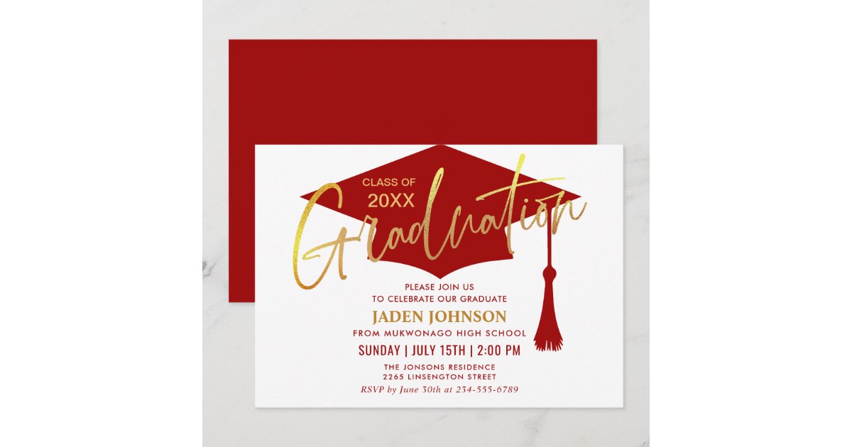 Modern Golden Red Graduation Party Invitation | Zazzle