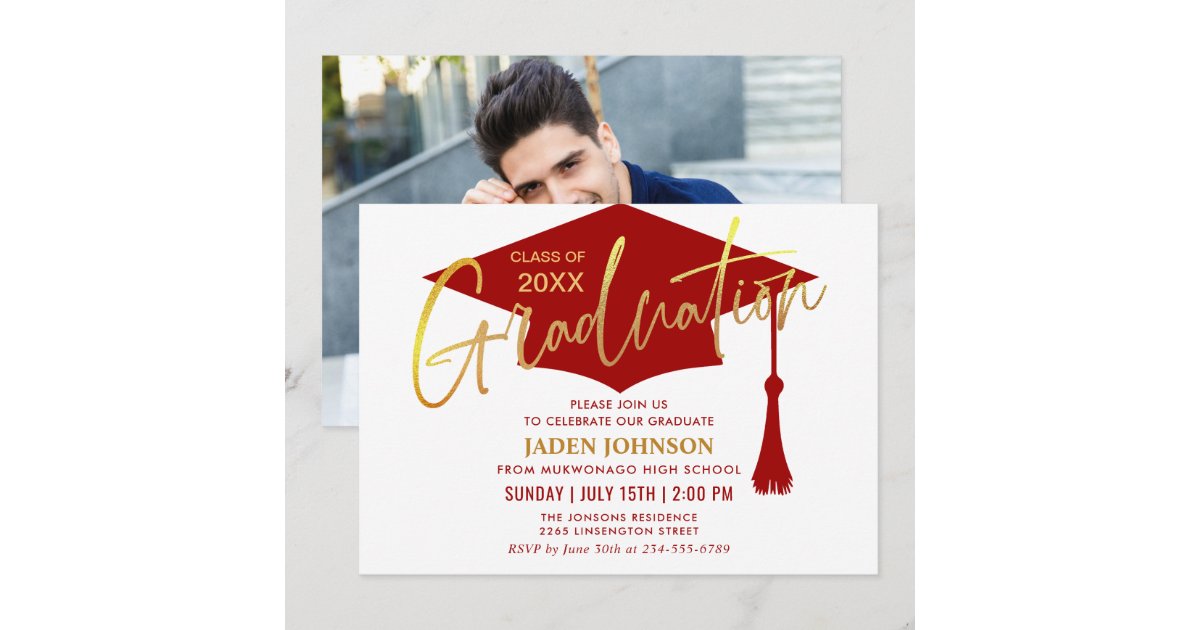 Modern Golden Red Graduation Party Invitation | Zazzle