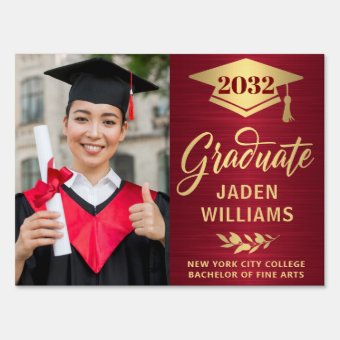 Modern Golden Red PHOTO Graduation Banner Yard Sign | Zazzle