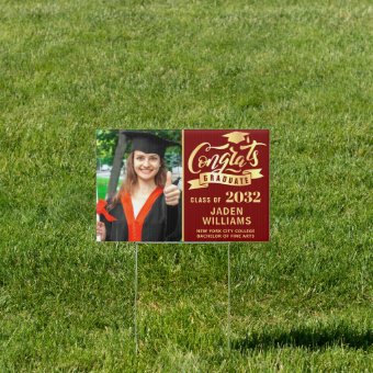 Modern Golden Red PHOTO Graduation Banner Yard Sign | Zazzle