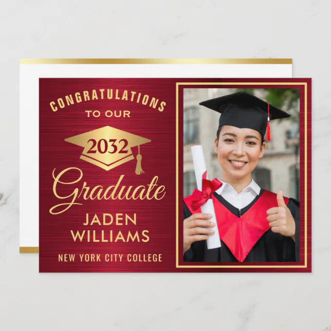 Modern Golden Red PHOTO Graduation Invitation | Zazzle