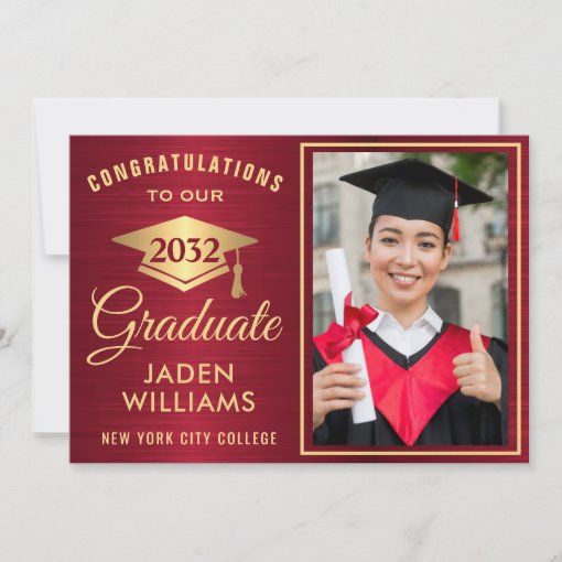 Modern Golden Red PHOTO Graduation Invitation | Zazzle