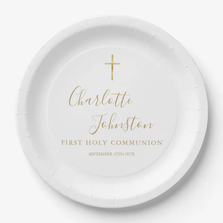 Modern Golden Signature First Holy Communion Paper Plates | Zazzle