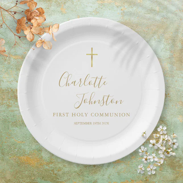Modern Golden Signature First Holy Communion Paper Plates | Zazzle