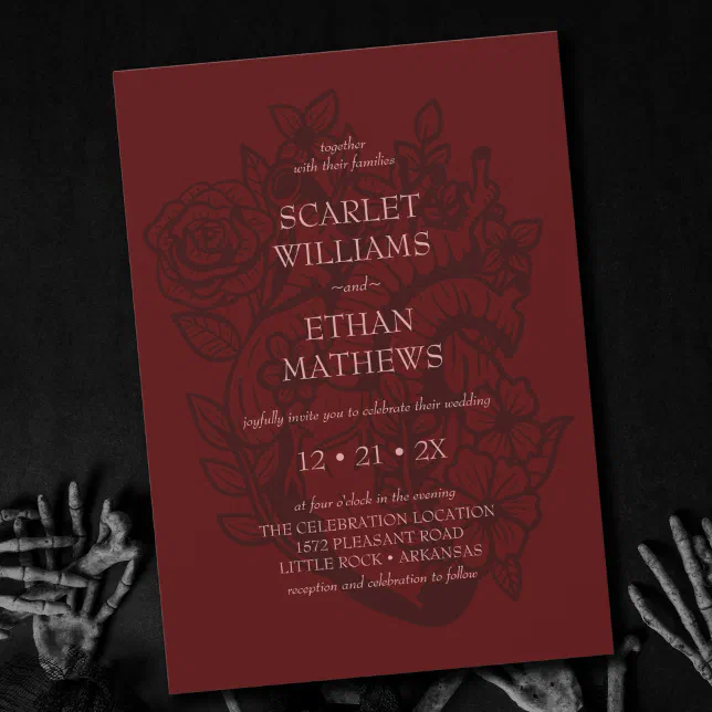 Modern Gothic Wedding Blood Red Eerie Floral Heart Invitation | Zazzle