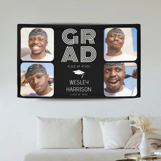 Modern GRAD 4x photo collage Graduate Banner | Zazzle