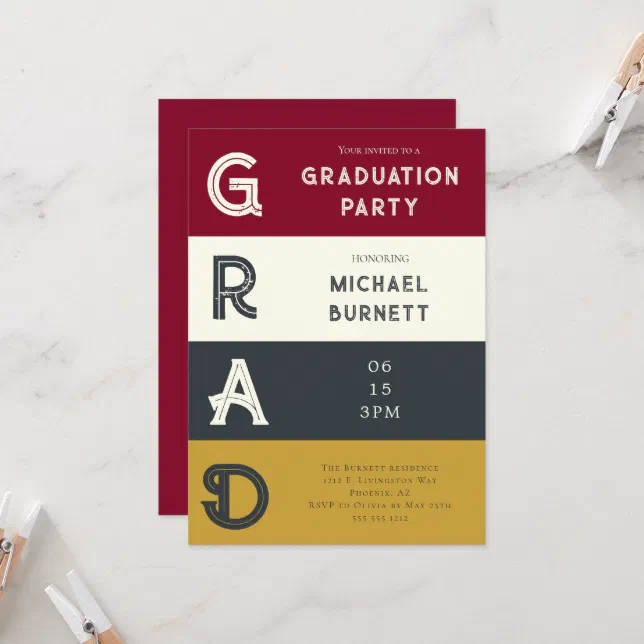 Modern Grad Burgundy Striped Graduation Invitation | Zazzle