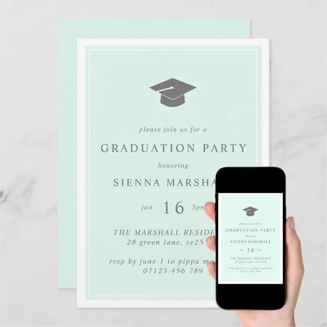 Modern Grad Cap and frame Mint Graduation Invitation | Zazzle