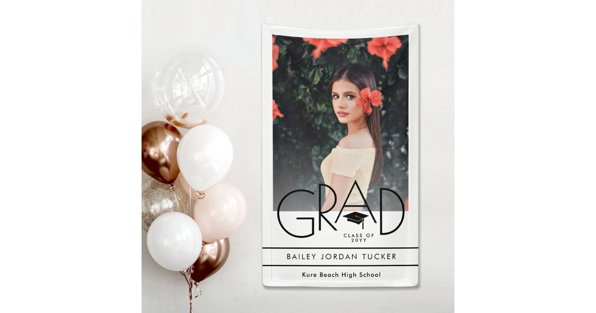 Modern GRAD Cap Black White Photo Graduation Banner | Zazzle