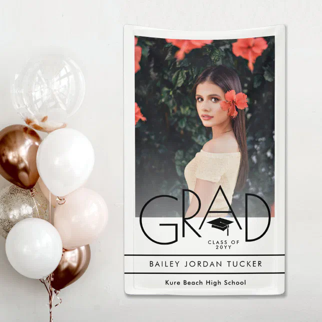 Modern GRAD Cap Black White Photo Graduation Banner | Zazzle