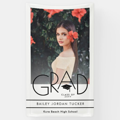 Modern GRAD Cap Black White Photo Graduation Banner | Zazzle