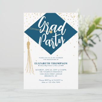 Modern GRAD Cap Blue Gold Photo Graduation Party Invitation | Zazzle