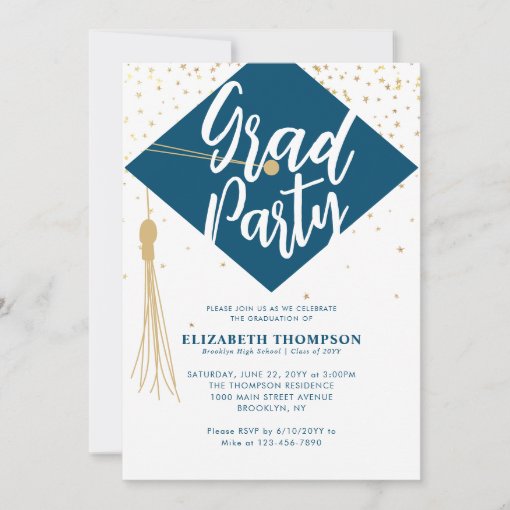 Modern GRAD Cap Blue Gold Photo Graduation Party Invitation | Zazzle