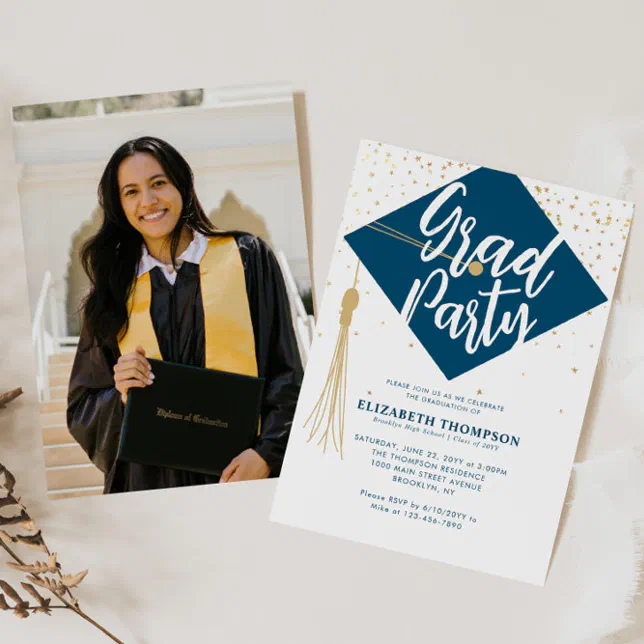 Modern GRAD Cap Blue Gold Photo Graduation Party Invitation | Zazzle
