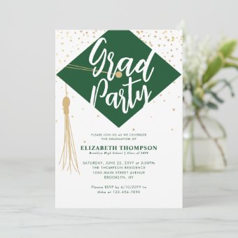 Modern GRAD Cap Green Gold Photo Graduation Party Invitation | Zazzle