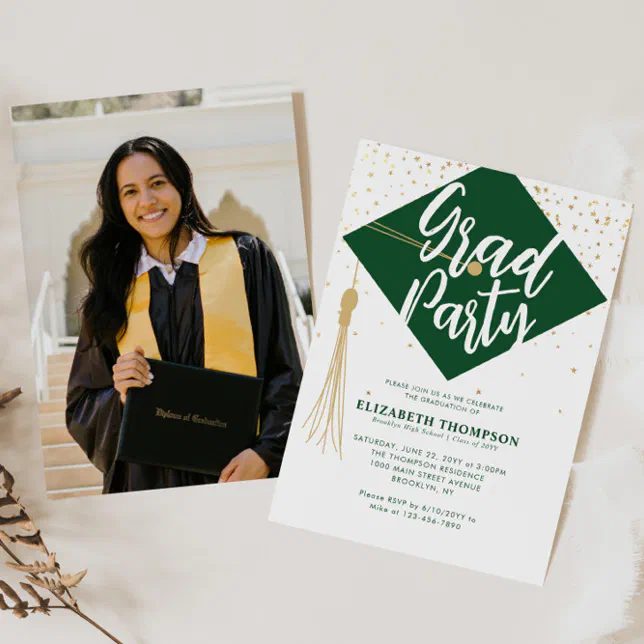 Modern GRAD Cap Green Gold Photo Graduation Party Invitation | Zazzle