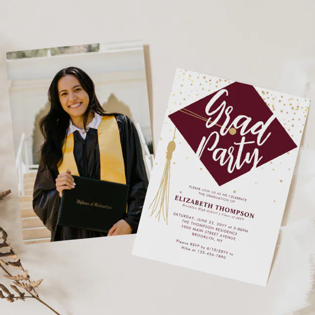 Modern GRAD Cap Red Gold Photo Graduation Party Invitation | Zazzle