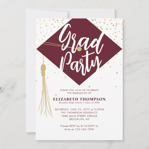 Modern GRAD Cap Red Gold Photo Graduation Party Invitation | Zazzle