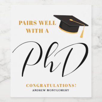 Modern Grad Cap Tassel Elegant Script PhD Grad Wine Label | Zazzle