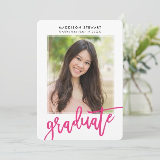 MODERN GRAD chic photo modern calligraphy pink Invitation | Zazzle