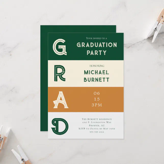Modern Grad Green Striped Graduation Invitation | Zazzle