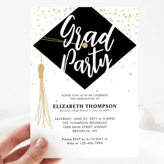 Modern GRAD Hat Cap Black Gold Graduation Party Invitation | Zazzle