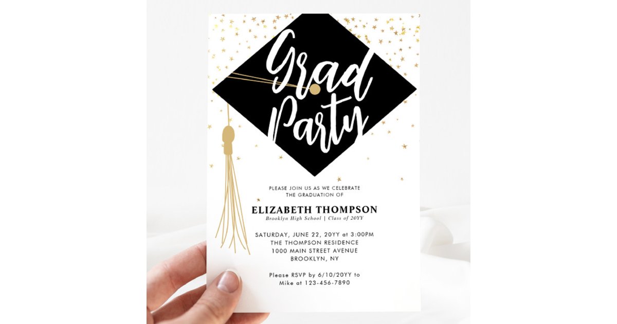 Modern GRAD Hat Cap Black Gold Graduation Party Invitation | Zazzle