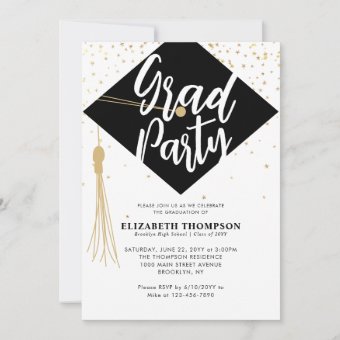 Modern GRAD Hat Cap Black Gold Graduation Party Invitation | Zazzle