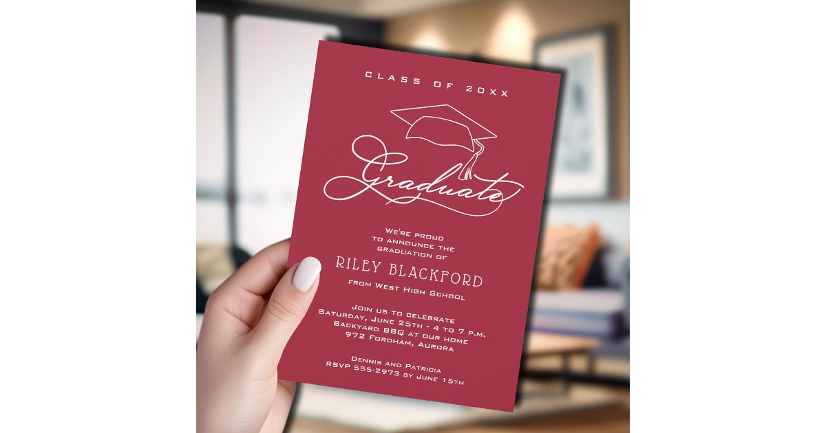 Modern Grad Hat Crimson Red Graduation Announcement | Zazzle