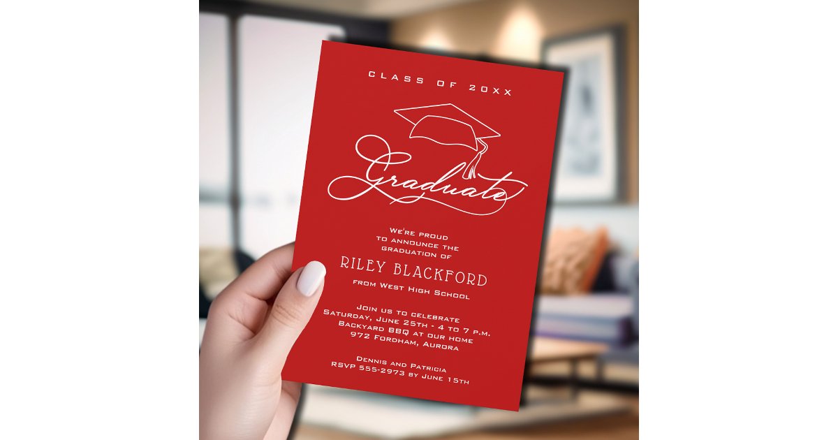 Modern Grad Hat Scarlet Graduation Announcement | Zazzle