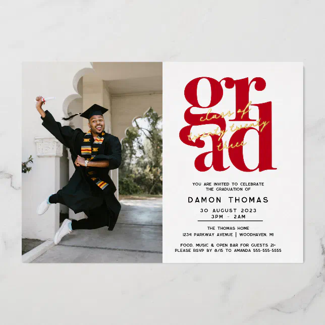 Modern GRAD Photo Graduation Party Foil Invitation | Zazzle