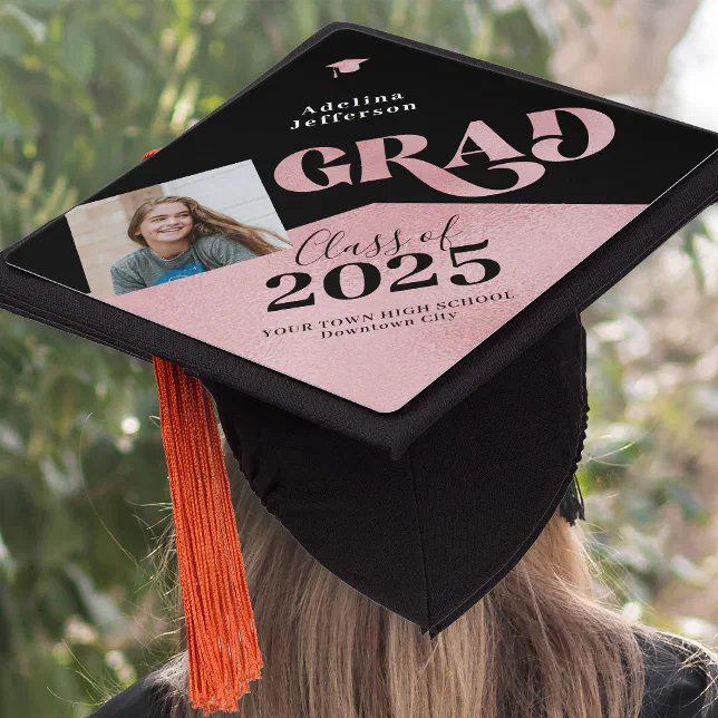 Modern grad rose gold glitter photo school year graduation cap topper ...
