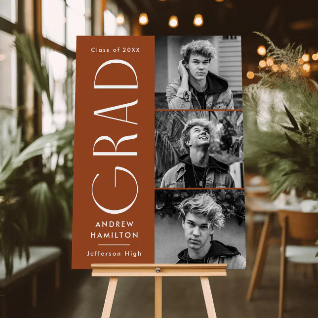Modern Grad Rust 3 Photo Graduation Party Sign | Zazzle