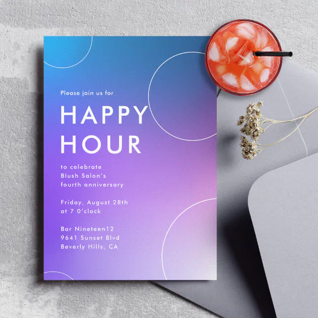 Modern Gradient Happy Hour (Blue) Invitation | Zazzle