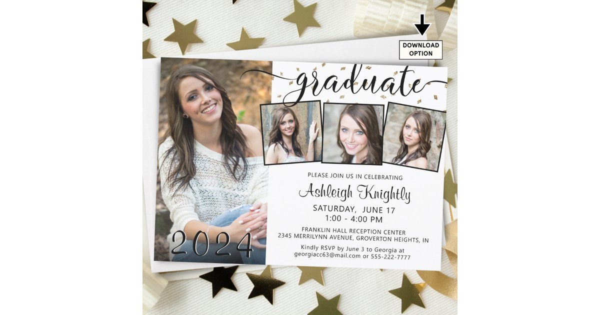 Modern Graduate 4 Photo Collage Confetti Party Invitation | Zazzle