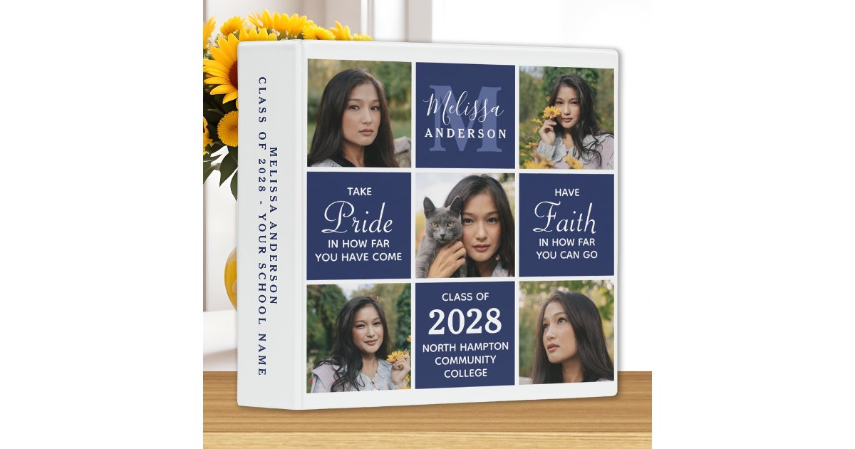 Modern Graduate 5 Photo Navy Blue Graduation 3 Ring Binder | Zazzle