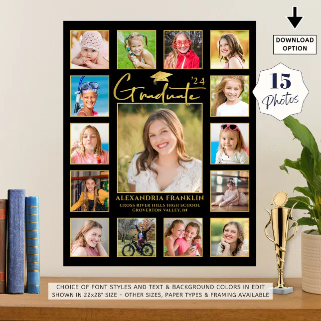 Modern Graduate Black Gold 15 Photo Collage Poster | Zazzle