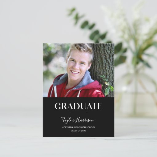 Modern Graduate Black & White Graduation Party Postcard | Zazzle