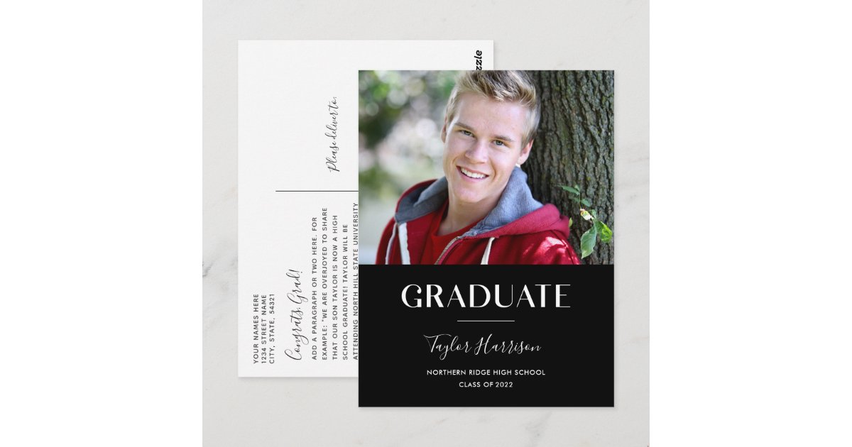 Modern Graduate Black & White Graduation Party Postcard | Zazzle