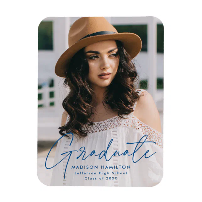 Modern Graduate Blue Script Photo Graduation Magnet | Zazzle