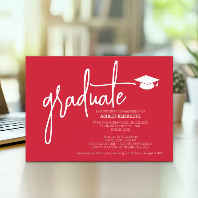Modern Graduate Custom Trendy MCM Pattern Red Invitation | Zazzle
