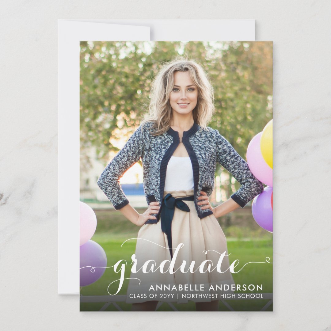 Modern Graduate Girly Chic Script Photo Graduation Announcement | Zazzle