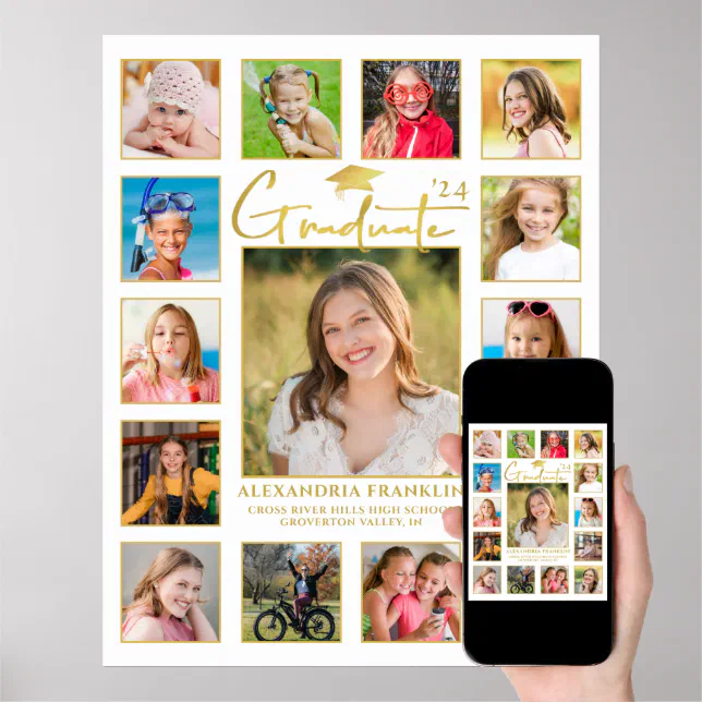 Modern Graduate Gold 15 Photo Collage Poster | Zazzle