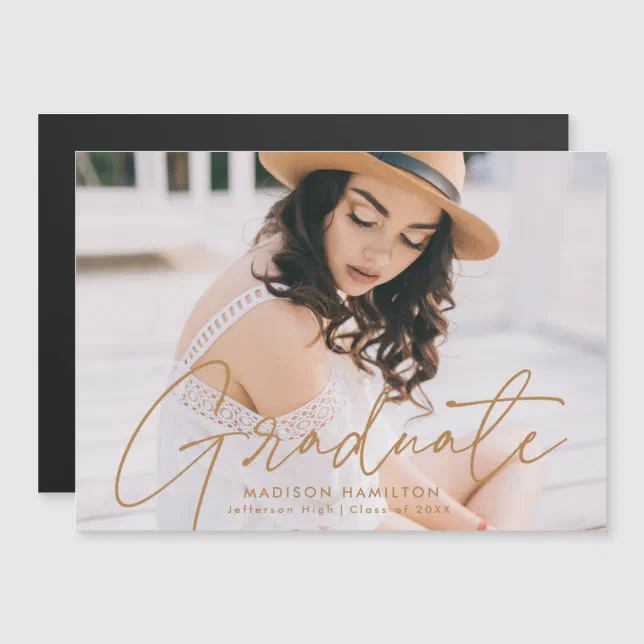 Modern Graduate Gold Script Photo Magnetic Invitation | Zazzle